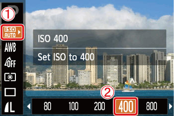 Setting ISO speed using the PowerShot A3100 IS.