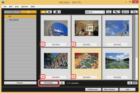 Downloading still images and movies to a computer using EOS Utility Ver ...