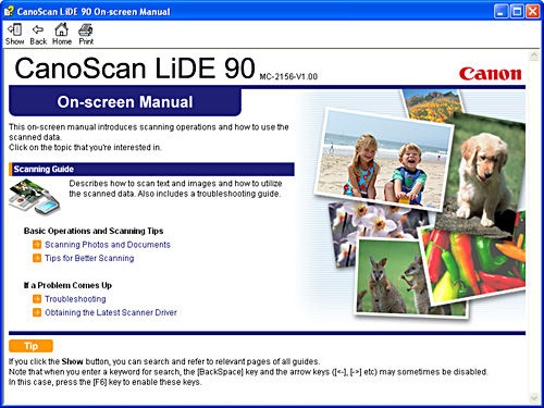 Using the electronic manual (LiDE 90)