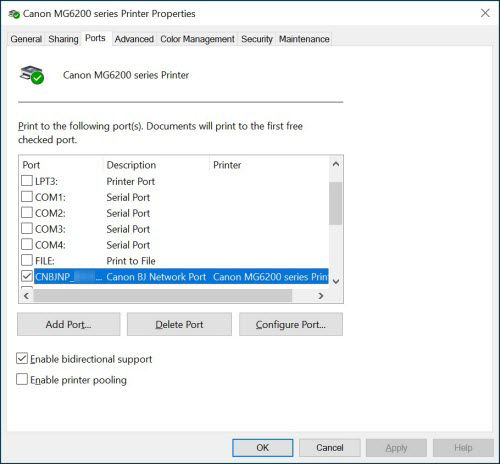 Printer Driver Port Configuration - PIXMA MG6220