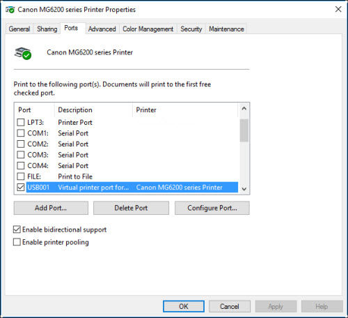 Printer Driver Port Configuration - PIXMA MG6220
