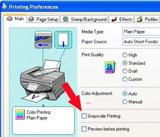 If the image prints black and white instead of color turn off Grayscale Printing Windows