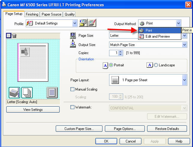 Set the Output Method in Printing Preferences to Print.