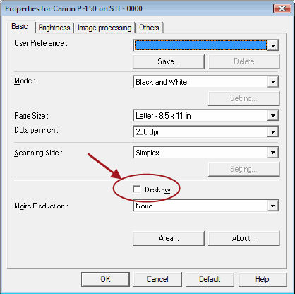 Enable [Deskew] on the imageFORMULA P-150
