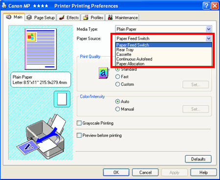Change the paper feed method (Windows) MP610