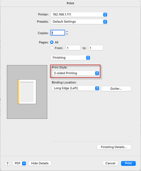 Printing 1-sided or 2-sided on Mac Big Sur -imageCLASS printers