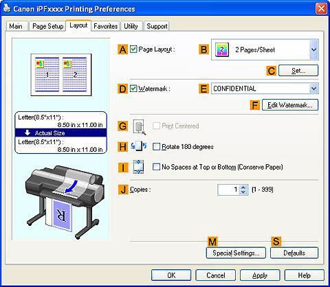 Setting and function of the printer driver (Windows) - Layout sheet