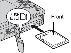 Procedure for inserting the memory card for PowerShot SD750 and SD1000.