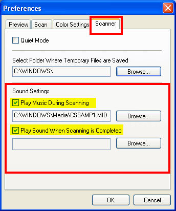 Using the Sound Settings feature to turn a sound On or Off during scanning