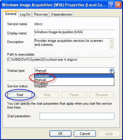 Start the WIA (Windows Image Acquisition) Service or Stimon
