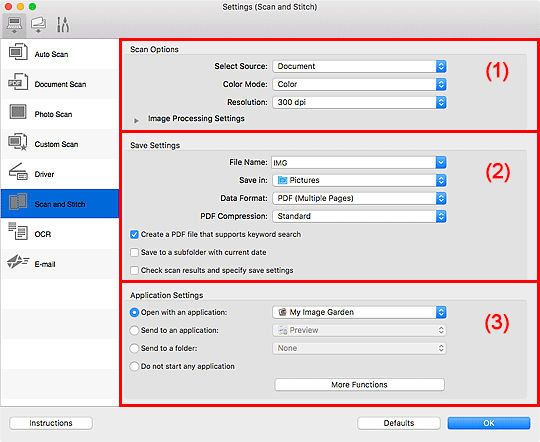 IJ Scan Utility Lite - Settings (Scan and Stitch) Dialog
