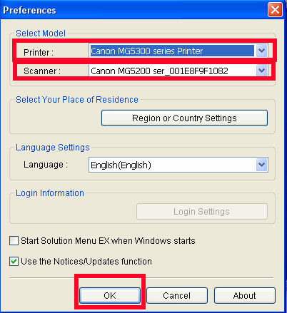 Changing the printer or scanner in Preferences of Solution Menu EX