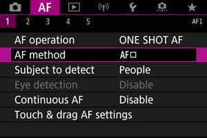 Selecting the AF Method on the EOS R5.