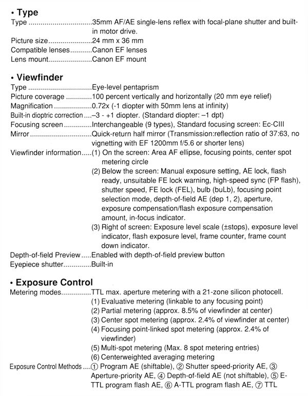 EOS 1v / 1v HS : What are the specifications?