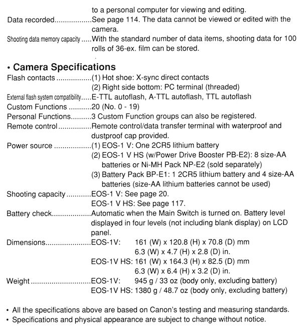 EOS 1v / 1v HS : What are the specifications?