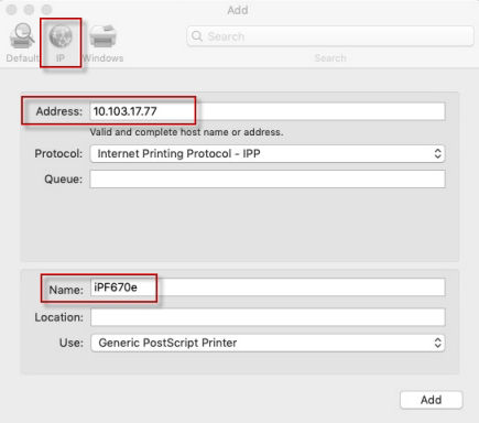 How to configure an imagePROGRAF iPF670E connected to a Mac