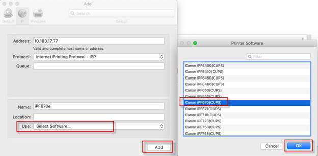 How to configure an imagePROGRAF iPF670E connected to a Mac