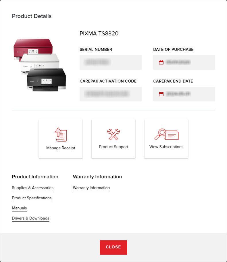 View CarePAK Information in My Canon Account