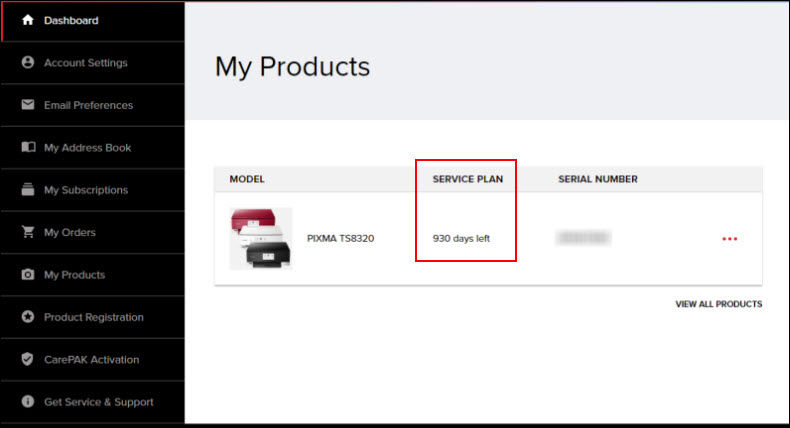 View CarePAK Information in My Canon Account