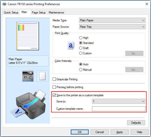 Save Custom Templates to the Printer - PIXMA TR150