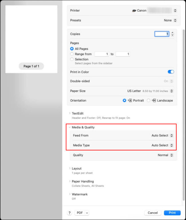 Selecting the TS9120 Paper Source for printing - Mac