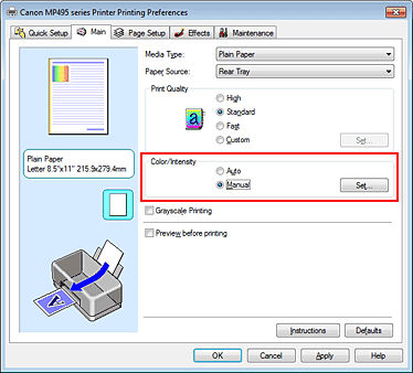 Set the Ink Intensity and Color Balance - PIXMA MP280, MP495, or MP499