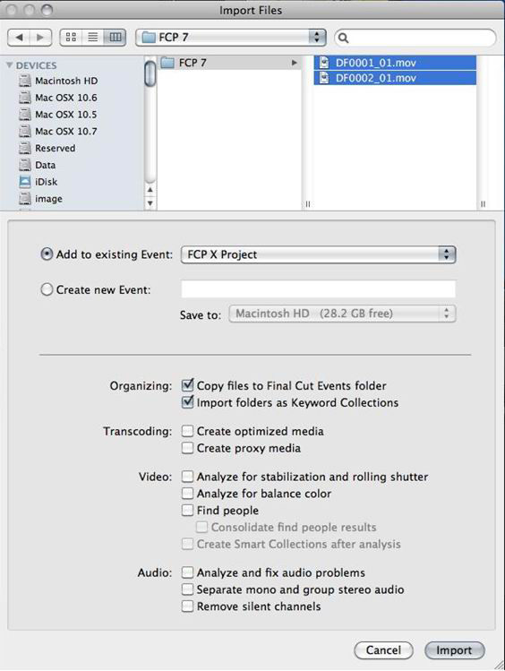 Procedure for importing MXF video files into Final Cut Pro X