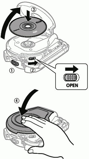 Loading a disc into the DC100 DVD camcorder