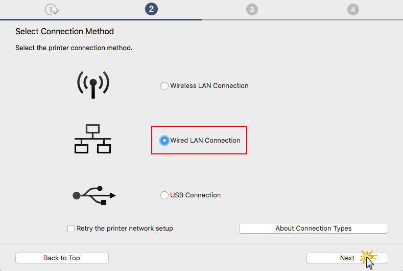 Setting up the Printer for use on a Wired LAN - Establishing connection ...