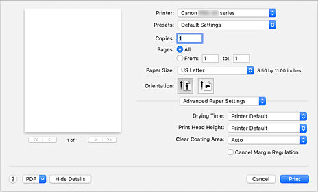 macOS Print Dialog (Advanced Paper Settings) - PRO-300