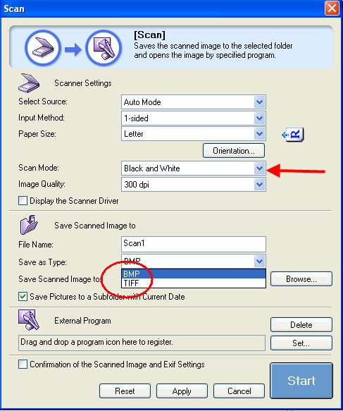 Change the [Scan Mode] to anything other than "Black and White" setting.