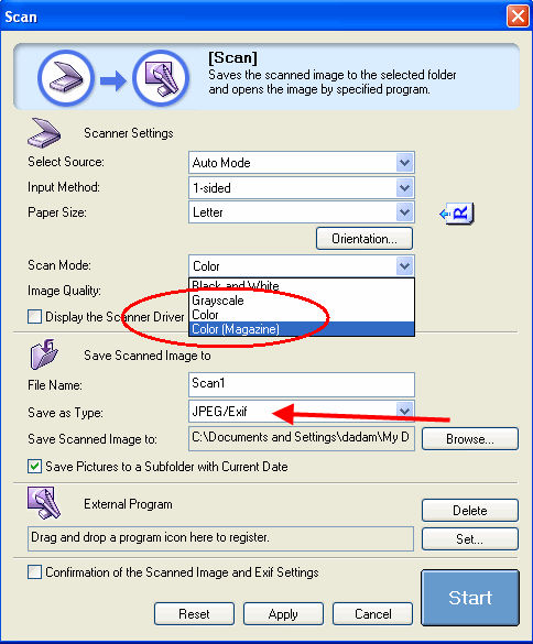 Change the [Scan Mode] to anything other than "Black and White" setting.