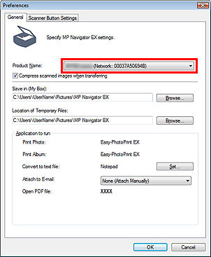 Confirm the correct scanner is selected in Preferences (Windows) - MG5320