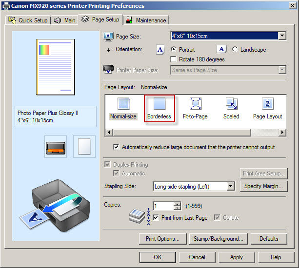 Borderless printing is not supported on this model