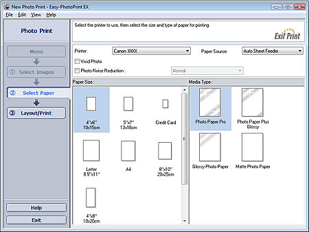 Selecting the paper in Easy-PhotoPrint EX