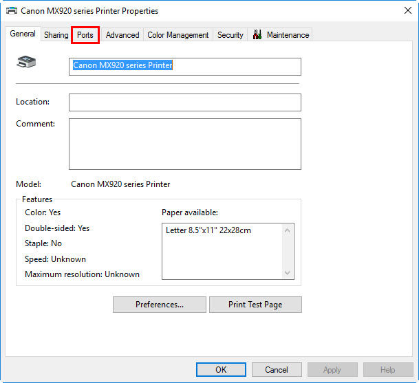 Check the printer port and assign the correct port - MX922