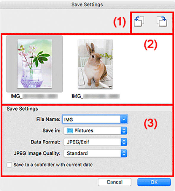 IJ Scan Utility Lite (macOS) - Save Settings Dialog - G620
