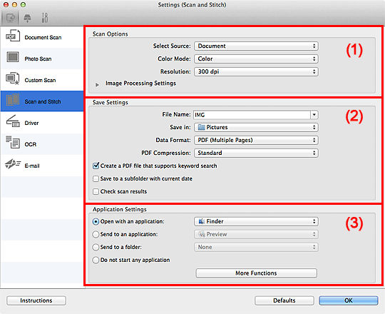 IJ Scan Utility (Mac) - Settings (Scan and Stitch) Dialog