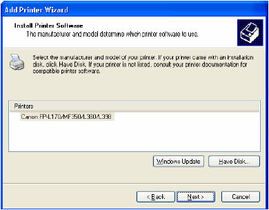 Installing the Printer Driver for Win XP Add Printer Wizard