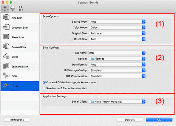 IJ Scan Utility Lite (macOS) - Settings (E-mail) Dialog - GX6020
