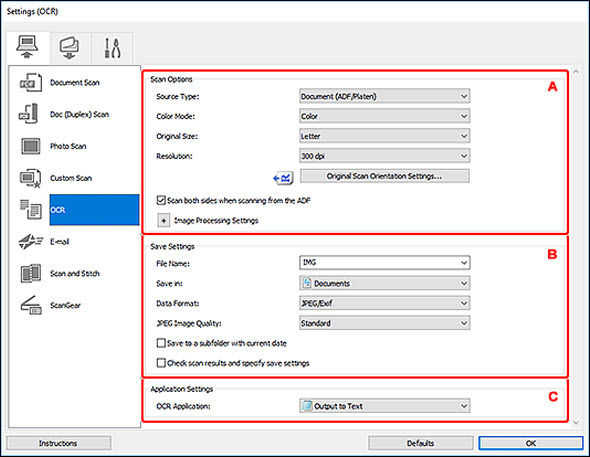 IJ Scan Utility (Windows) - Settings (OCR) Dialog Box - GX7020