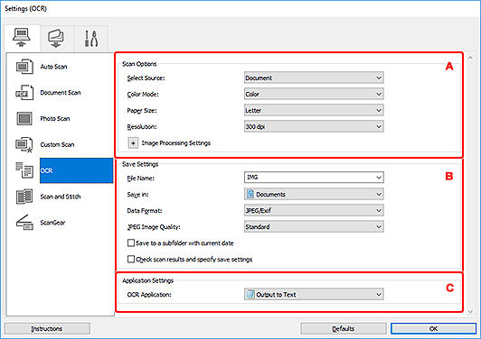 IJ Scan Utility (Windows) - Settings (OCR) Dialog Box