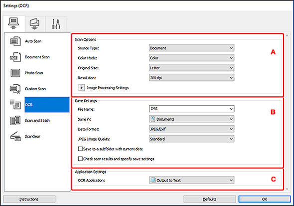 IJ Scan Utility (Windows) - Settings (OCR) Dialog Box - G620
