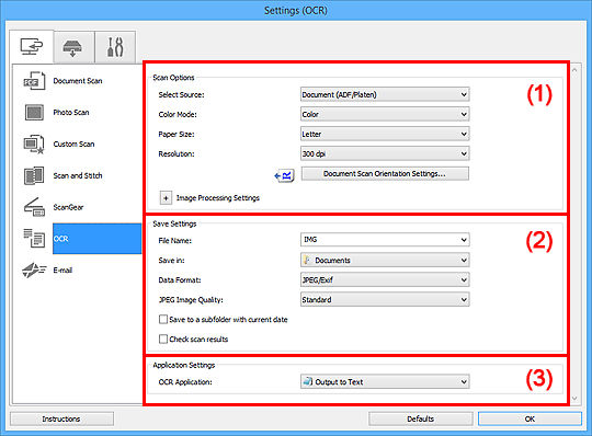 IJ Scan Utility (Windows) - Settings (OCR) Dialog Box