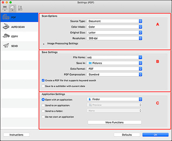 IJ Scan Utility Lite (macOS) - Settings (PDF) Dialog - G2260 / G3260