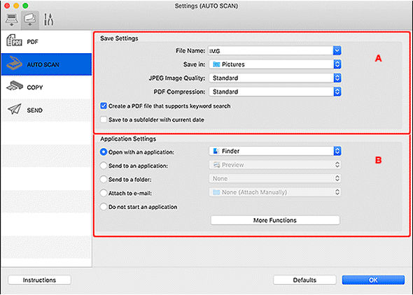 IJ Scan Utility Lite (macOS) - Settings (AUTO SCAN) Dialog (Scanner ...