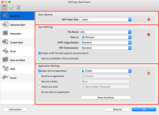 IJ Scan Utility Lite - Settings (Auto Scan) Dialog