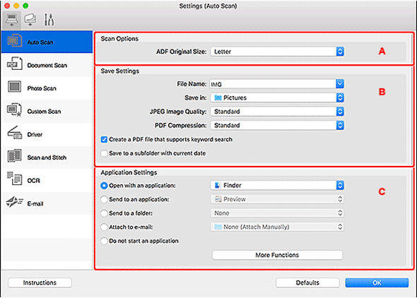 IJ Scan Utility Lite (macOS) - Settings (Auto Scan) Dialog - GX6020