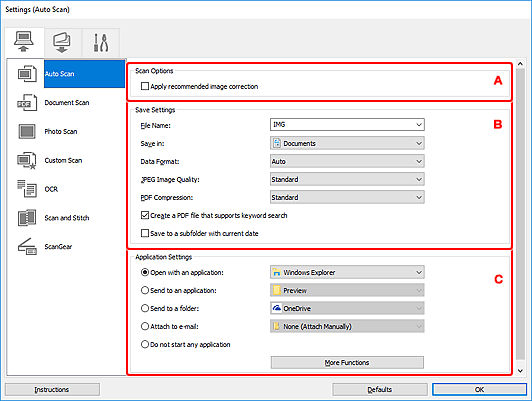 IJ Scan Utility (Windows) - Settings (Auto Scan) Dialog Box