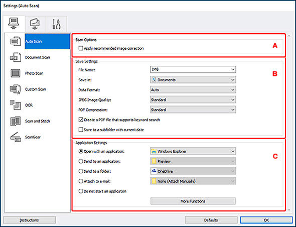 IJ Scan Utility (Windows) - Settings (Auto Scan) Dialog Box - G2260 / G3260